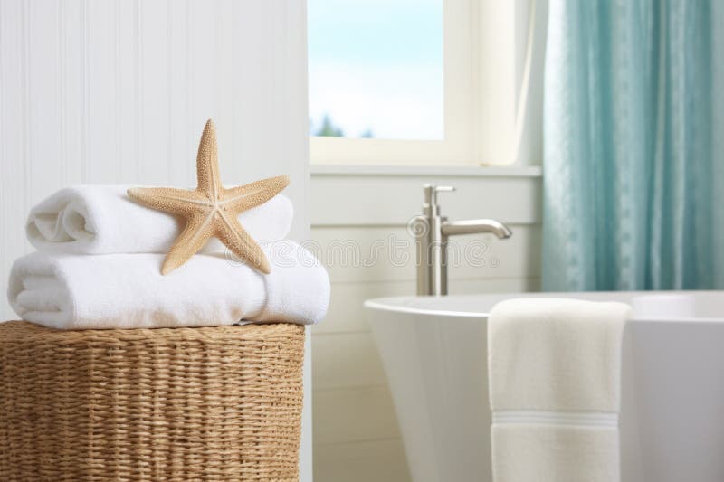 Coastal-themed Bathroom with Starfish and Shell Accessories Stock ...