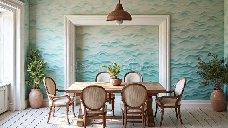 Coastal-themed Dining Room with Wooden Table and Wave Pattern Wallpaper ...