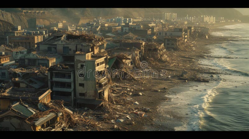 Coastal Town Destroyed by Disaster with Debris Scattered Along the ...