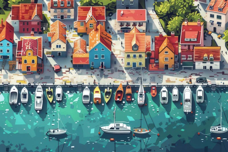 Coastal Town Flat Design Top View Seafaring Theme Pixel Art Water Color ...