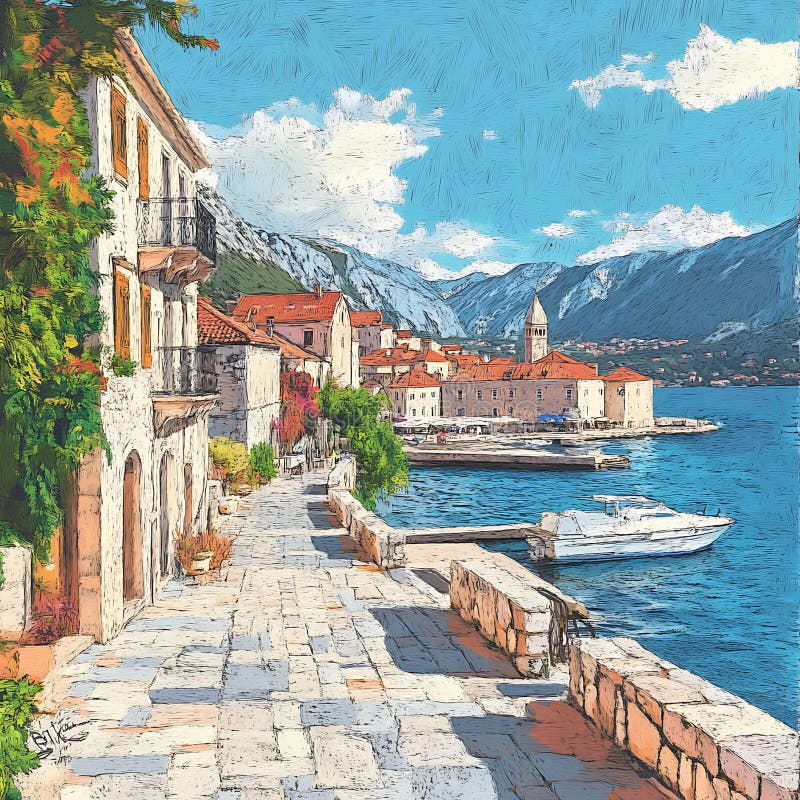 Coastal Town, Stone Pathway, Harbor, Mediterranean Sea, Mountains Stock ...