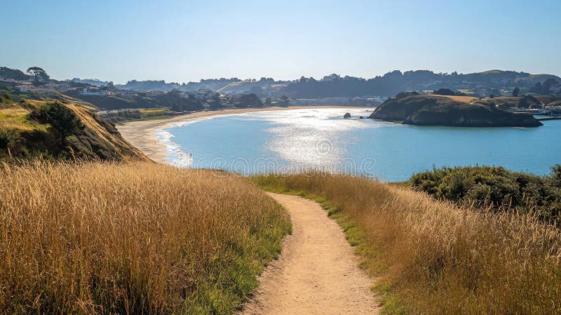 Coastal Trail Overlooking Ocean Bay and Town Stock Illustration ...