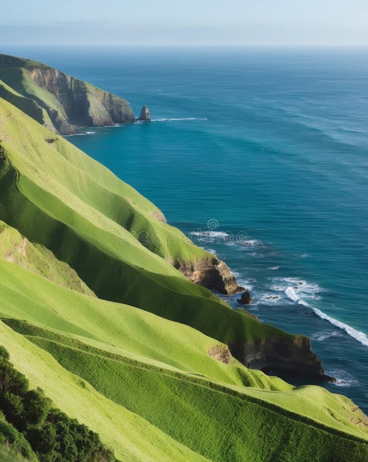 Coastal View of Lush Green Cliffs and Blue Ocean. Stock Image - Image ...