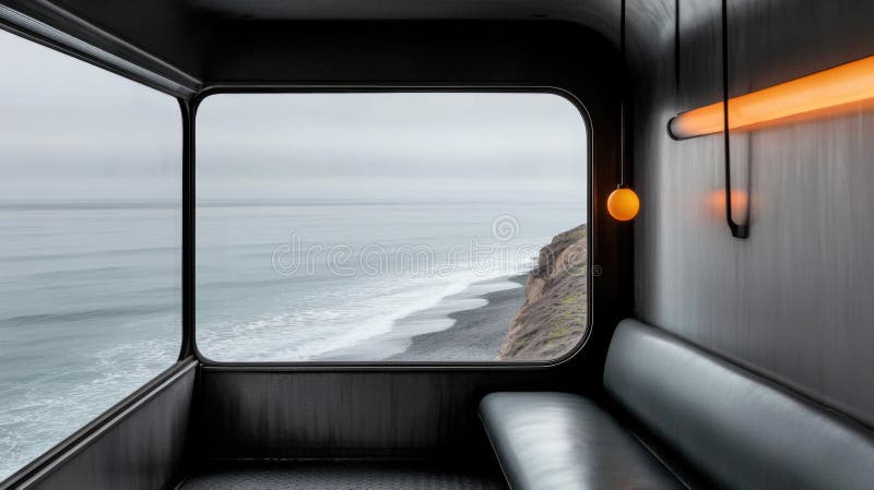 Coastal View from Modern Train Compartment with Minimalist Design Stock ...