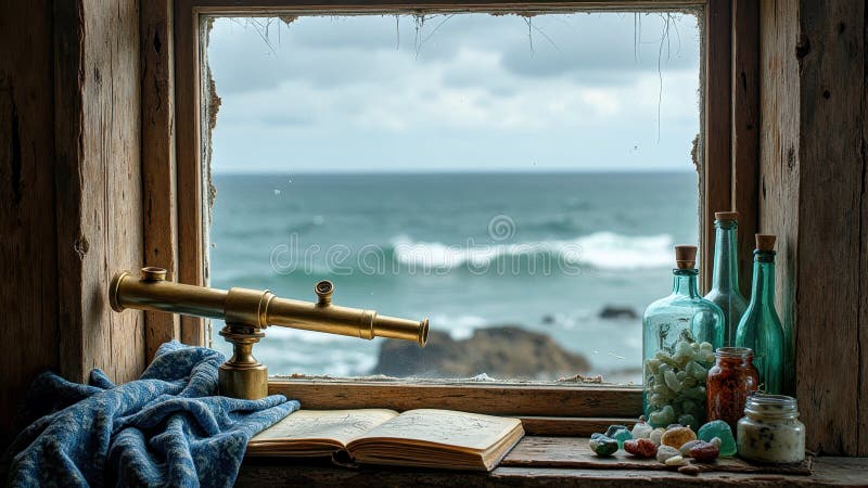 Coastal View Rustic Window Telescope Bottles Sea Stock Photos - Free ...