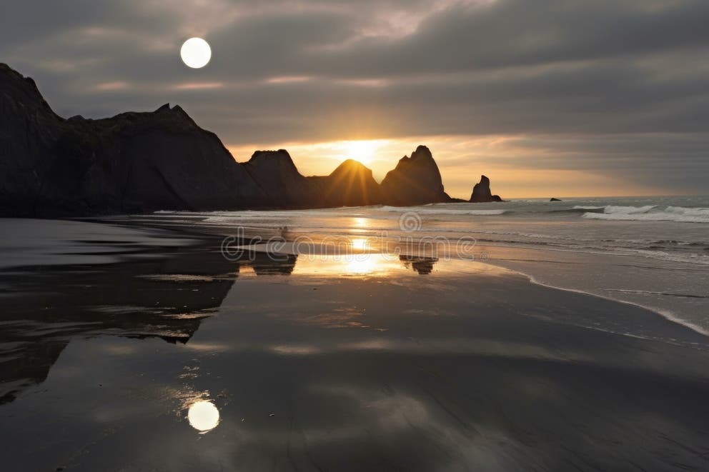 Coastal View with Solar Eclipse Mirrored on Wet Sand Stock Illustration ...