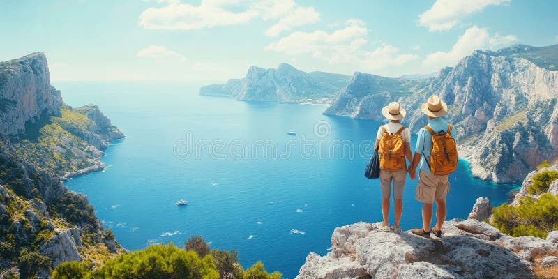 Coastal View, Where Two Individuals Stand on a Cliff Hand-in-hand Stock ...