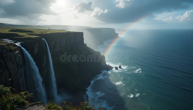 Coastal Viewpoint from Cliff Edge with Waterfall Flowing Stock Photo ...