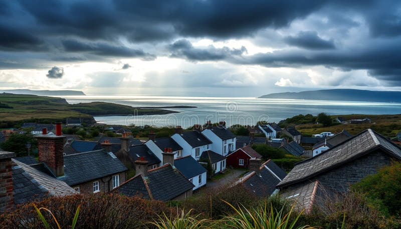 Coastal Village Rooftops Overlook Ocean with Dramatic Cloudy Sky ...