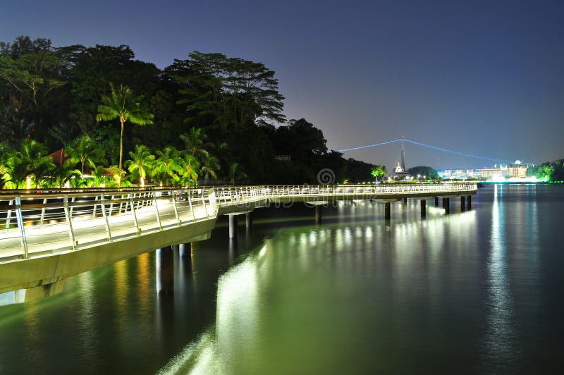 A Coastal Walkway by Night with Reflection Stock Image - Image of ...