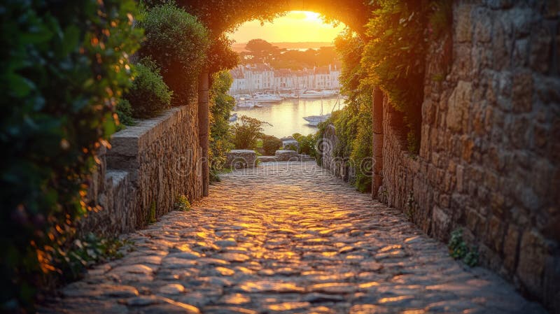 Coastal Walkway at Sunset, Stone Path Leads To Harbor Stock ...