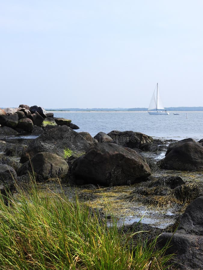 Coastal Water View of Sailboat Near Sandy Point Island and Stonington ...