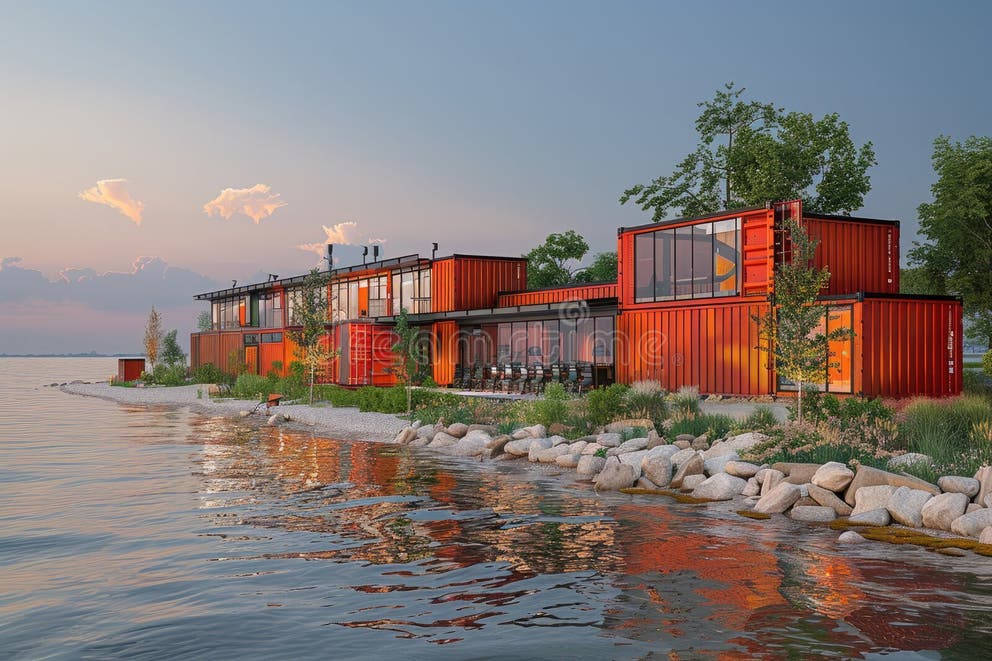 Stunning Lakeside Container Home at Sunset Stock Illustration ...