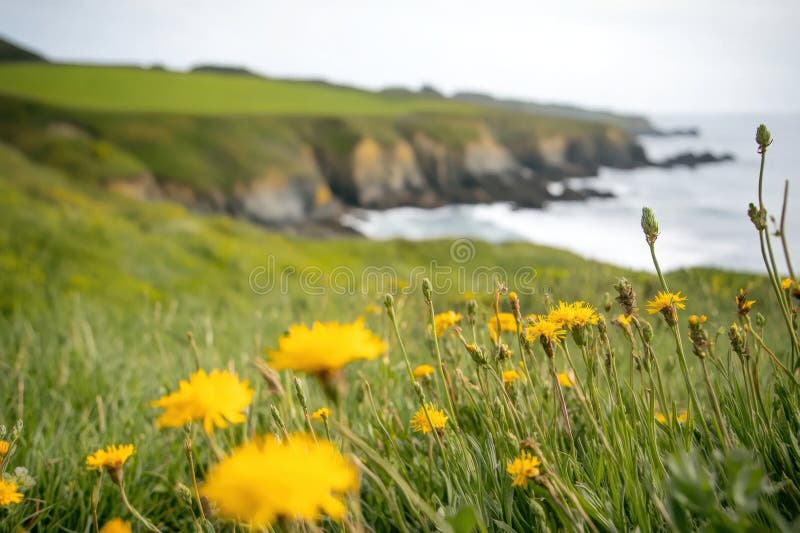 Coastal Wildflower Field with Ocean and Cliff Views in Springtime ...