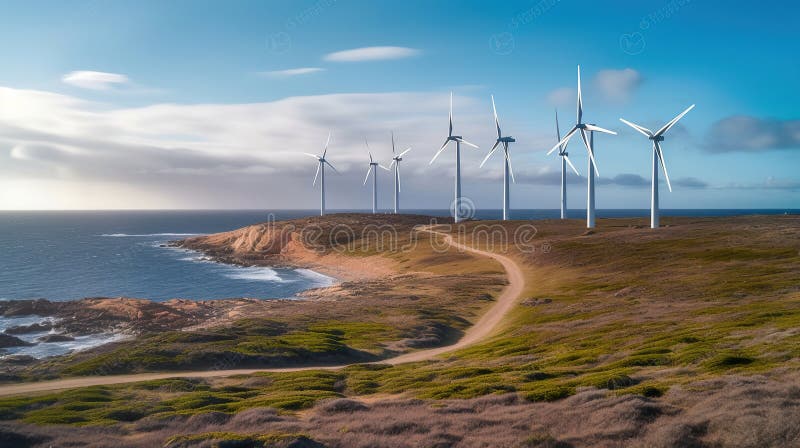 Coastal Wind Farm S Graceful Turbines. Generative AI Stock Illustration ...