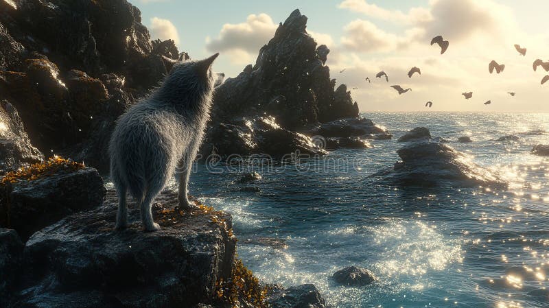 Coastal Wolf Pup Watching Birds Fly Sunset Stock Photo - Image of freedom, nature: 364382674