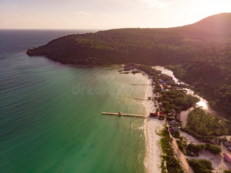 Coastline with Dense Forest and Sandy Beach at Sunset, Aerial Stock ...