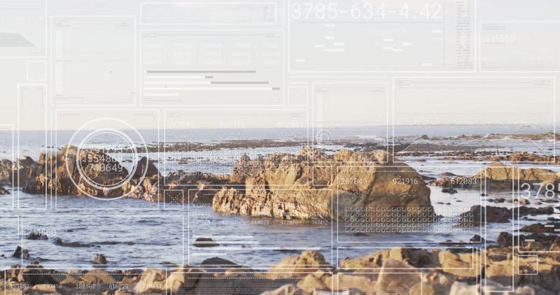 Coastline with Digital Data Processing Animation Overlaying Rocky ...