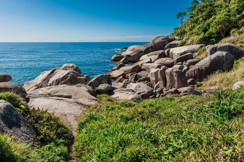 Coastline with Granite Rocks and Quiet Ocean on Summer Day Stock Photo ...