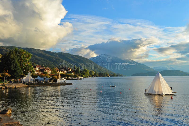 Coastline of Lake Zug in Switzerland Stock Image - Image of cloud ...