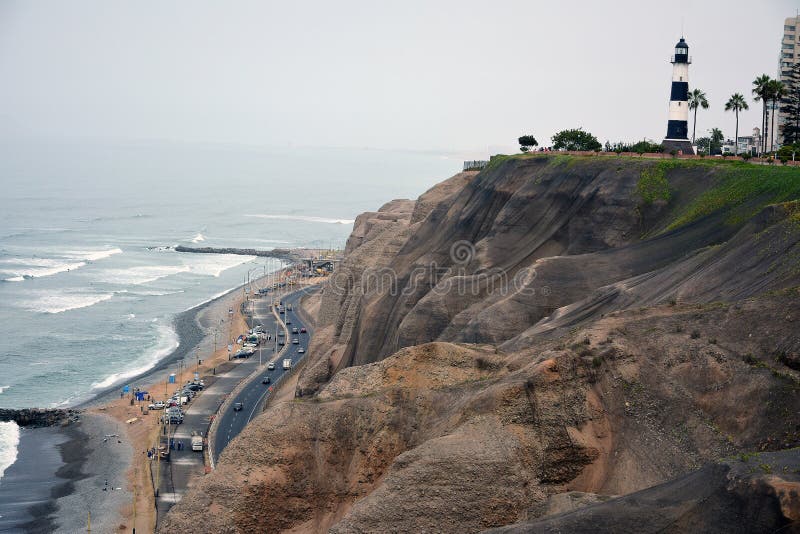 Coastline with Lighthouse in Miraflores in Lima, Peru. Stock Photo ...