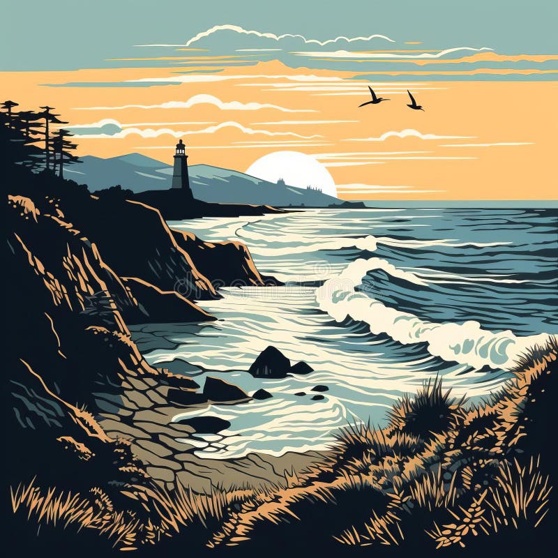 Minimalist Linocut Art One-color Coastline Design with Negative Space ...