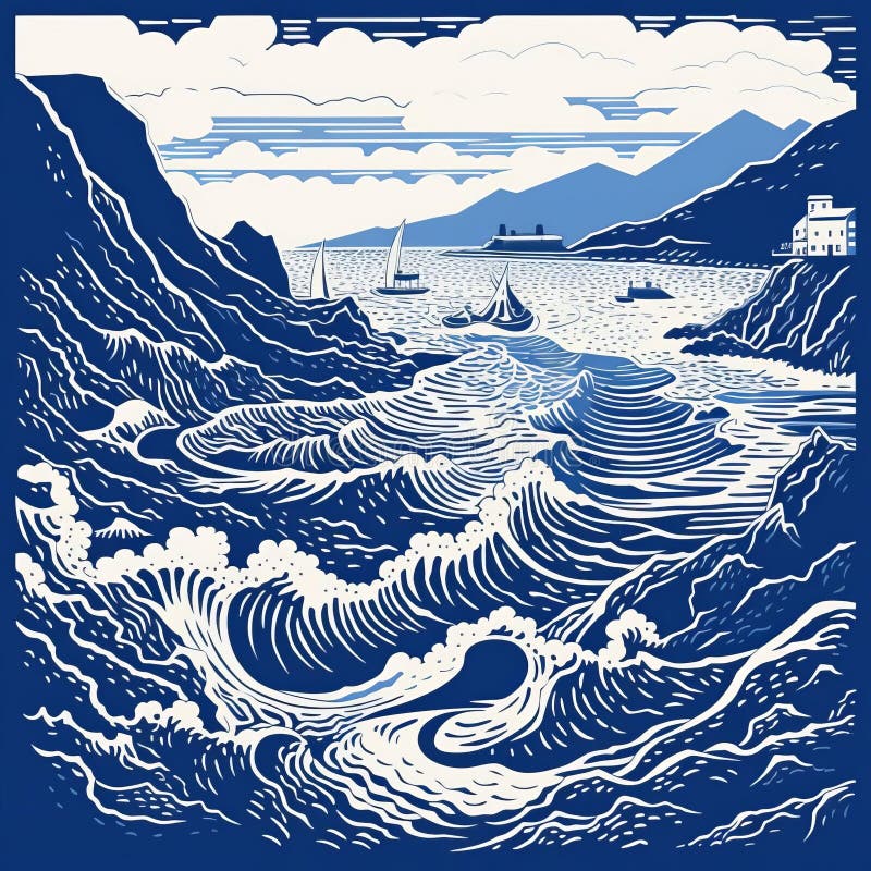 Minimalist Linocut Art: One-color Coastline Design with Negative Space ...