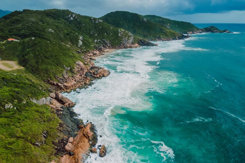 Coastline with Mountains and Ocean with Waves in Brasil. Panoramic ...