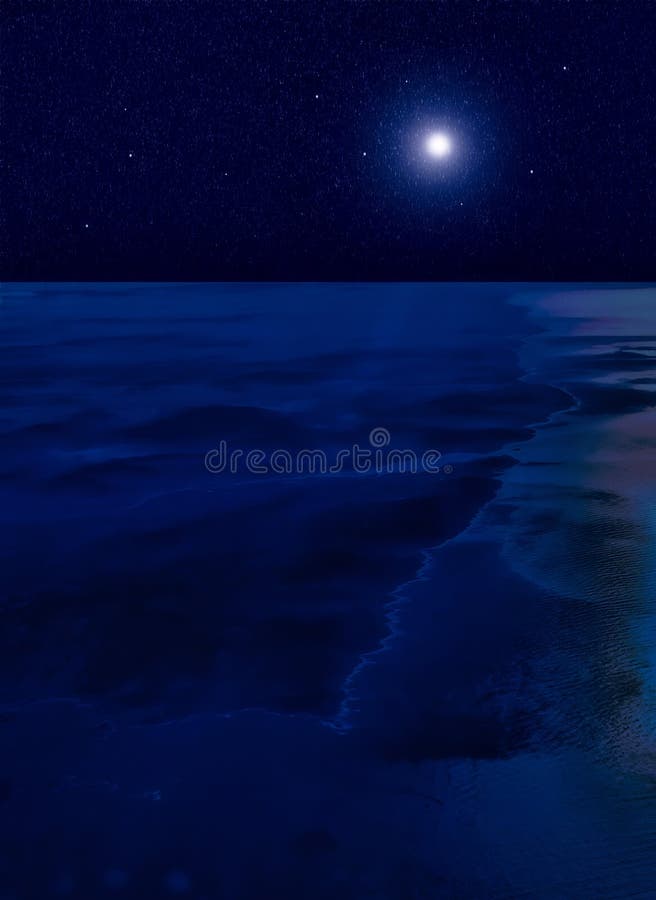 Coastline at Night with Mysterious Falling Stars and Moon Stock Photo ...