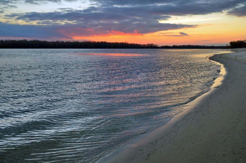 Coastline on the Sandy Shore of the Great River at Sunset Stock Photo ...