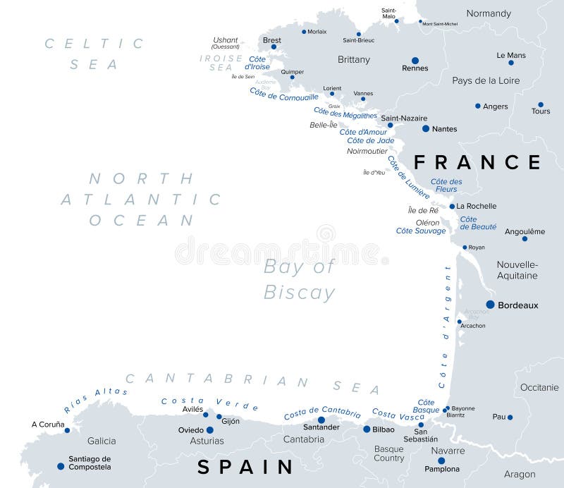 Bay of Biscay, Touristic Names of Beaches and Coastlines, Political Map ...