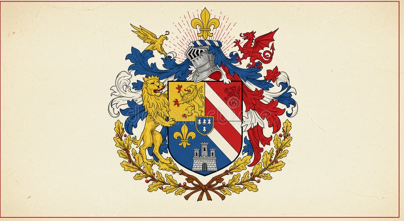 Coat of Arms Featuring a Central Shield Divided into Four Sections with ...