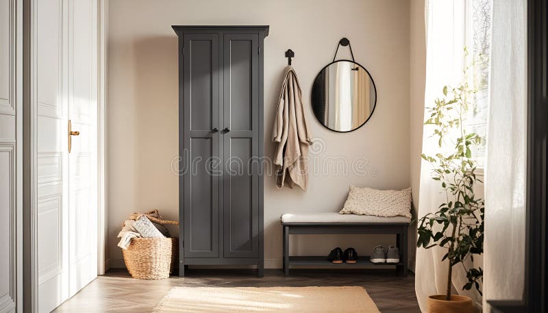 Coat Rack, Cabinet and Shoe Storage Bench in Hallway. Interior Design ...