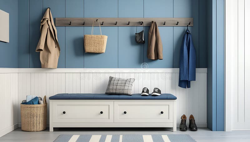 Coat Rack, Cabinet and Shoe Storage Bench in Hallway. Interior Design ...