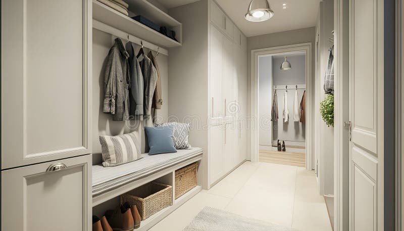 Coat Rack, Cabinet and Shoe Storage Bench in Hallway. Interior Design ...