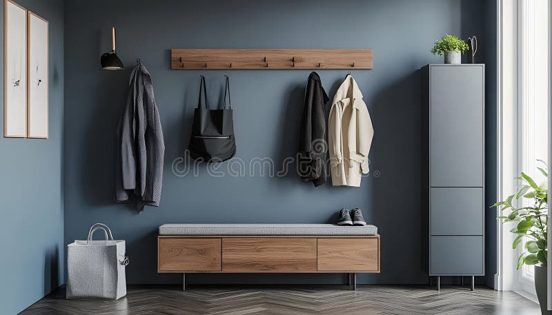 Coat Rack, Cabinet and Shoe Storage Bench in Hallway. Interior Design ...
