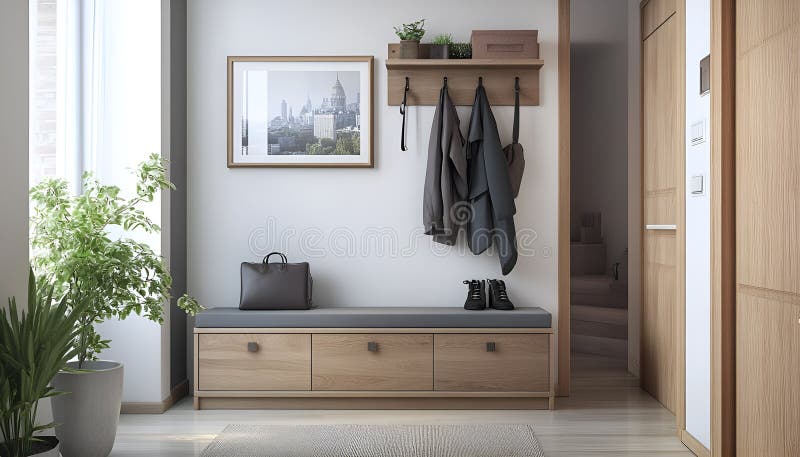 Coat Rack, Cabinet and Shoe Storage Bench in Hallway. Interior Design ...