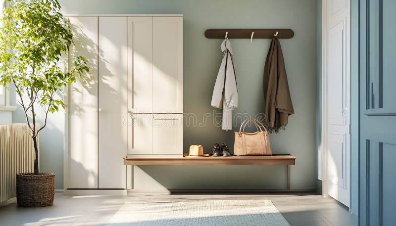 Coat Rack, Cabinet and Shoe Storage Bench in Hallway. Interior Design ...