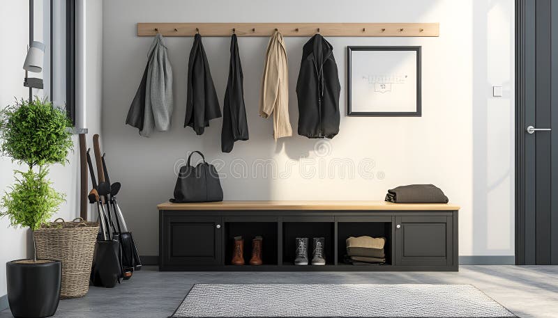 Coat Rack, Cabinet and Shoe Storage Bench in Hallway. Interior Design ...