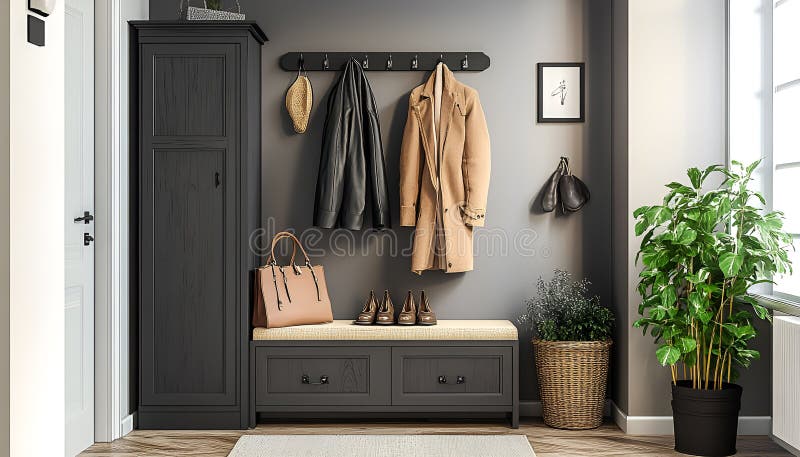 Coat Rack, Cabinet and Shoe Storage Bench in Hallway. Interior Design ...