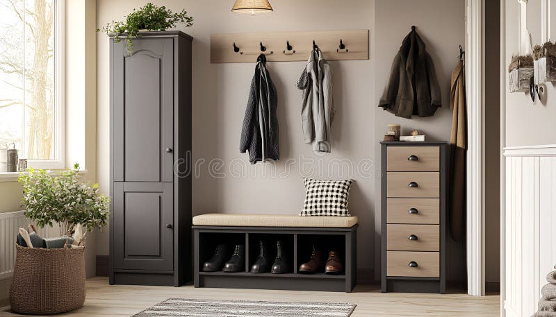 Coat Rack, Cabinet and Shoe Storage Bench in Hallway. Interior Design ...
