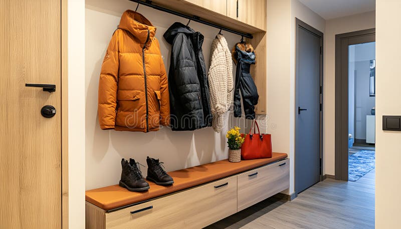 Coat Rack, Cabinet and Shoe Storage Bench in Hallway. Interior Design ...