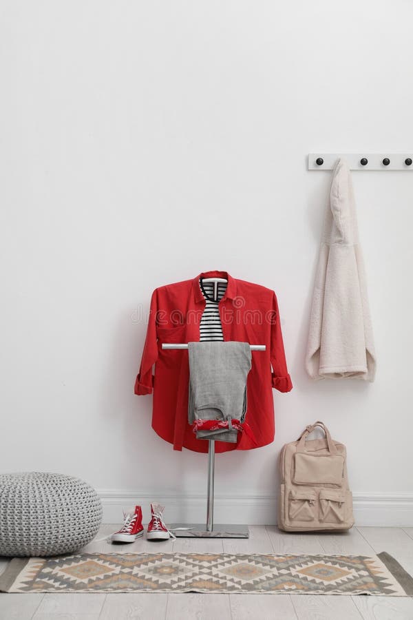 Coat Rack, Pouf, Backpack, Clothes and Shoes in Hallway Stock Image ...