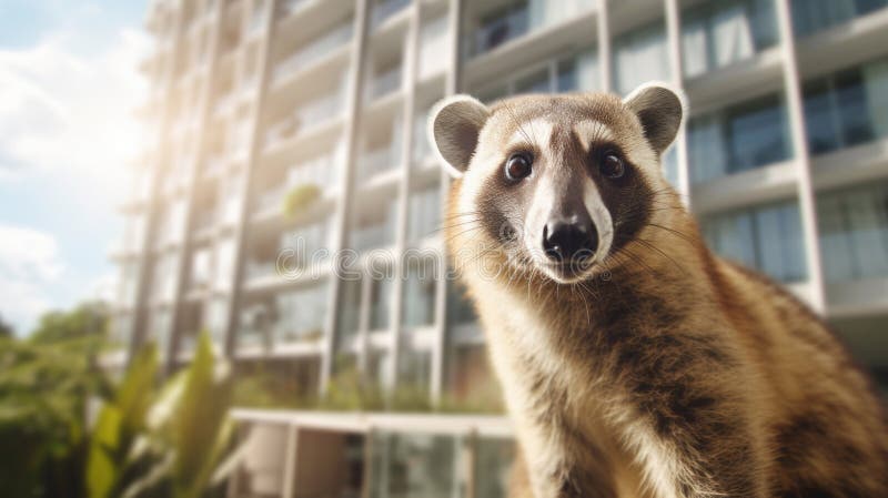 Coati Against the Backdrop of a Modern House. Stock Image - Image of ...