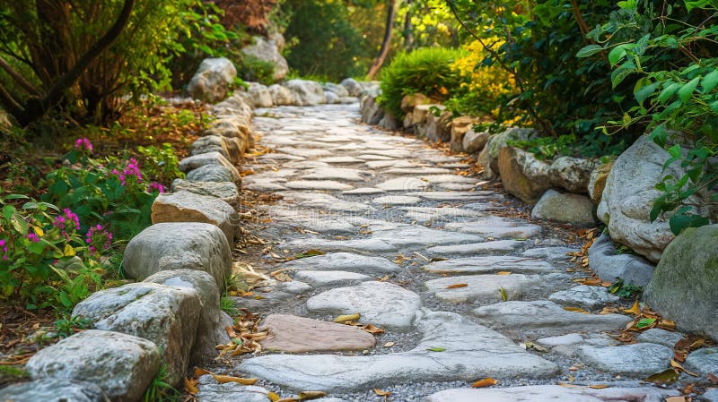 Cobbled Stone Path in a Serene Garden Setting Stock Illustration ...