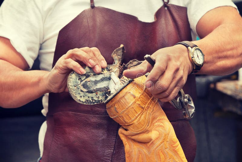 Cobbler Craftsman Fixing Leather Boot Using Tools Stock Image - Image ...