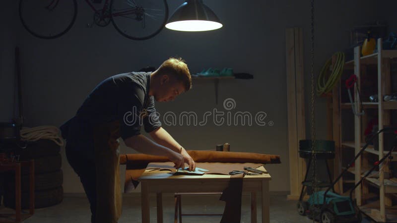 Shoemaker Makes a Leather Pattern at Home Stock Image - Image of ...