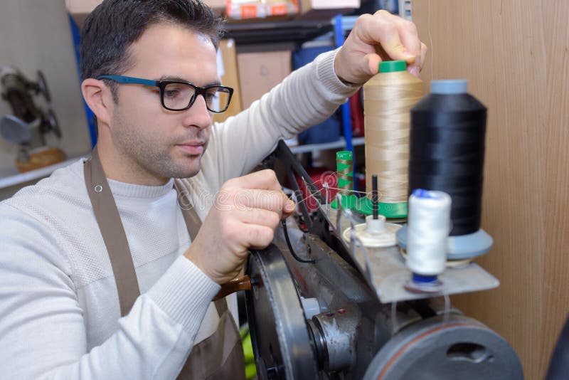 Man Cobbler Stitching Leather Patrs Stock Image - Image of leather ...