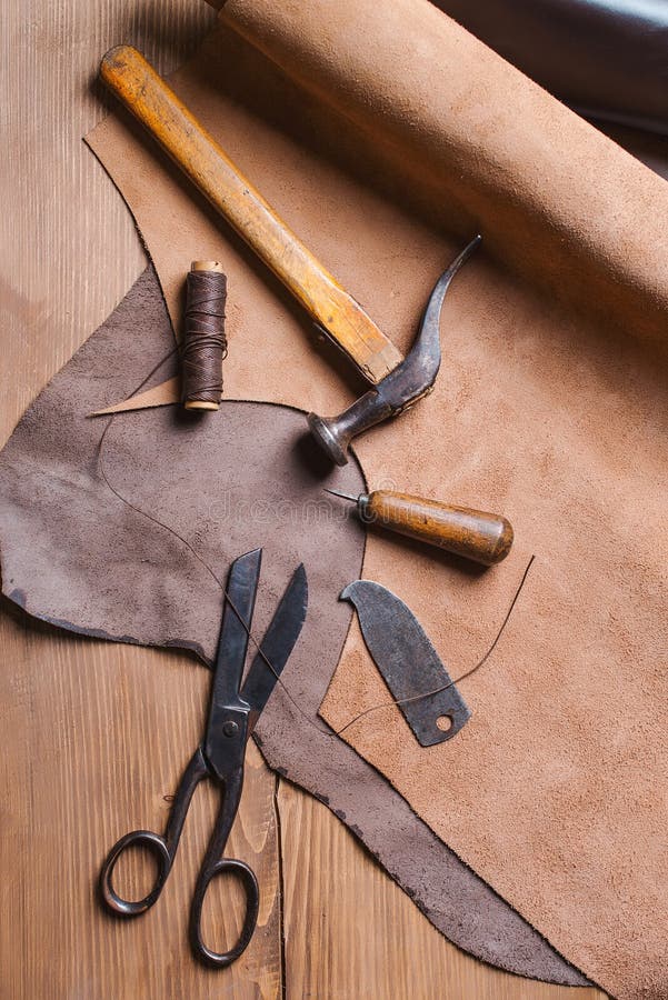 Cobbler Tools in Workshop on the Wooden Table . Top View. Stock Photo ...