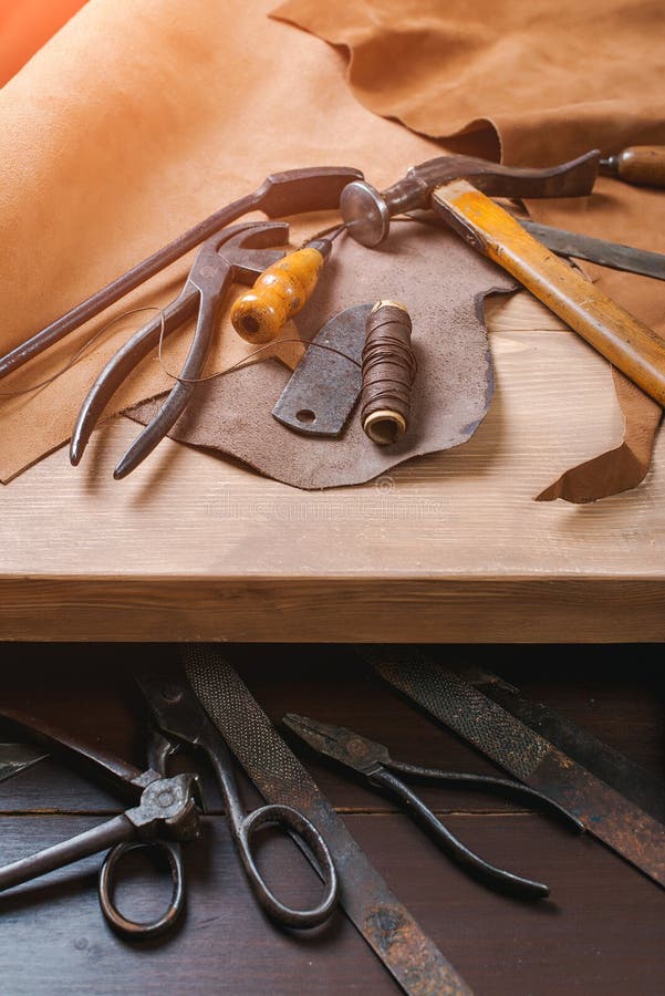 Cobbler Tools in Workshop on the Wooden Table . Top View. Stock Photo ...
